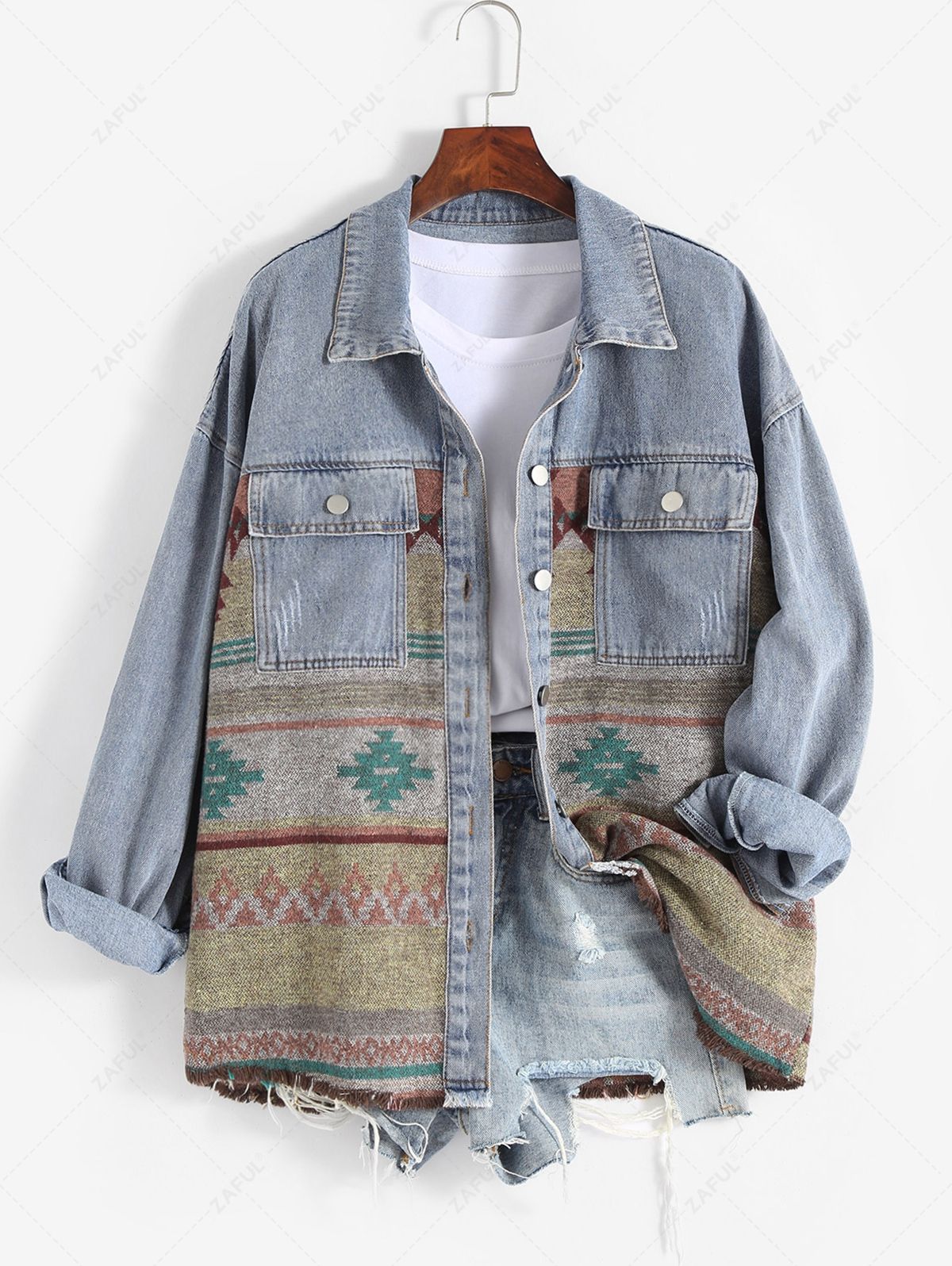 Ethnic Aztec Printed Denim Panel Loose Jacket | SheFinds